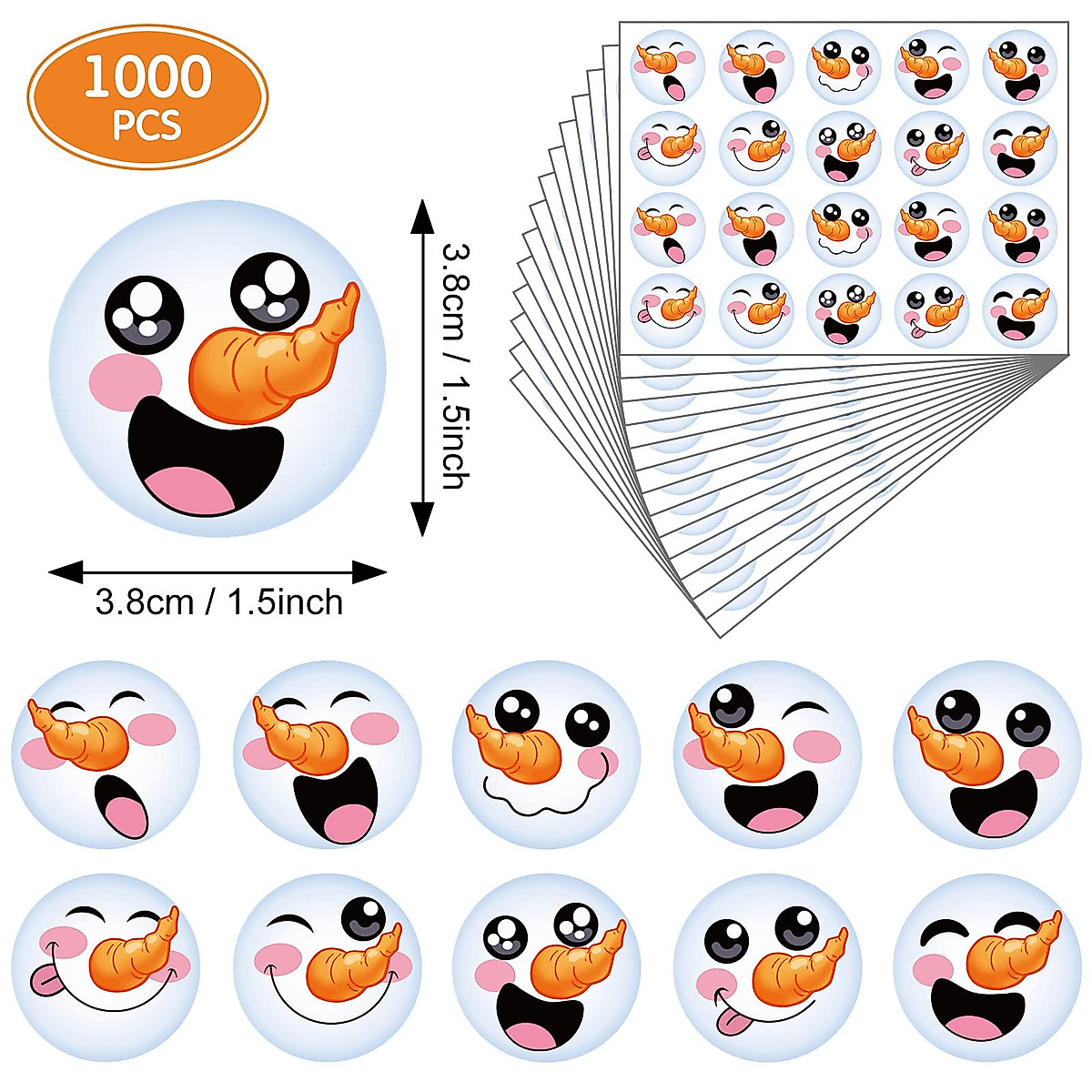 1000 Pieces Happy Snowman Stickers Christmas Stickers Snowman Roll Circle Face Stickers Winter Holiday Label Stickers Cute Seals Cards Fun Presents for Kids Xmas Party Decoration Supplies