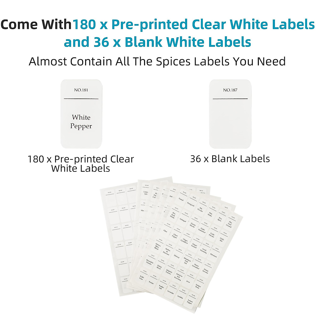 UMEIED 36pcs Glass Spice Jars with 216pcs Spice Labels, 4Oz Empty Square Glass Jars Glass Spice Containers with Shaker Lids & Metal Caps, Square Seasoning Jars Bottles for Spice Rack, Cabinet, Drawer