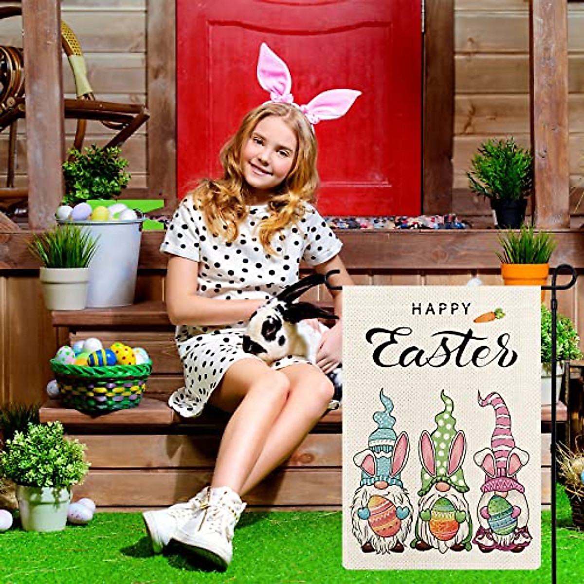 YOVOYOA Happy Easter Rabbit Bunny Gnomes Garden Flag 12.5 x 18 Inch Double Sided Welcome Pees Easter Eggs Flag, Easter Farmhouse Decor
