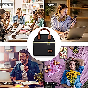 Hafmall Insulated Lunch Bag for Women/Men, Dual Compartment Adult Lunch Box for Work, Reusable Lunch Tote Bag with Shoulder Strap, Black