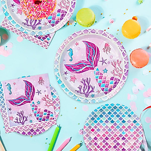 168Pcs Mermaid Birthday Decorations Mermaid Party Supplies Includes Plates, Napkin, Knives, Spoons, Forks for Baby Shower Ocean Birthday Party Decorations, Serves 24