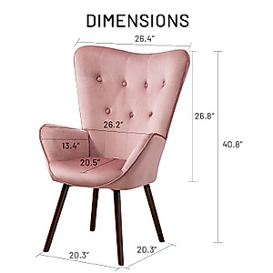 FurnitureR Velvet Accent Chair, Modern Wingback Tufted Vanity Armchair Upholstered Tall Back with Arms Solid Wood Legs for Living Bedroom Waiting Room Lounge Leisure, Rose