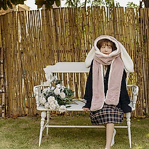 RUIXIA Women Girls Lovely Cartoon Bunny Ears Hat Scarf Gloves 3-in-1 Set Plush Fluffy Warm Hoodie Hat with Scarf Pocket Mitts Pink, One Size