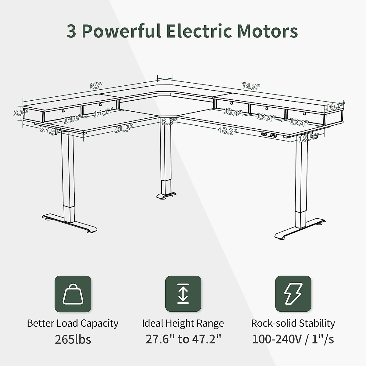 FEZIBO 75 Inches Triple Motor L Shaped Standing Desk Reversible, Electric Height Adjustable Corner Stand up Desk, Sit Stand Desk Computer Workstation, White Frame/Light Walnut Top