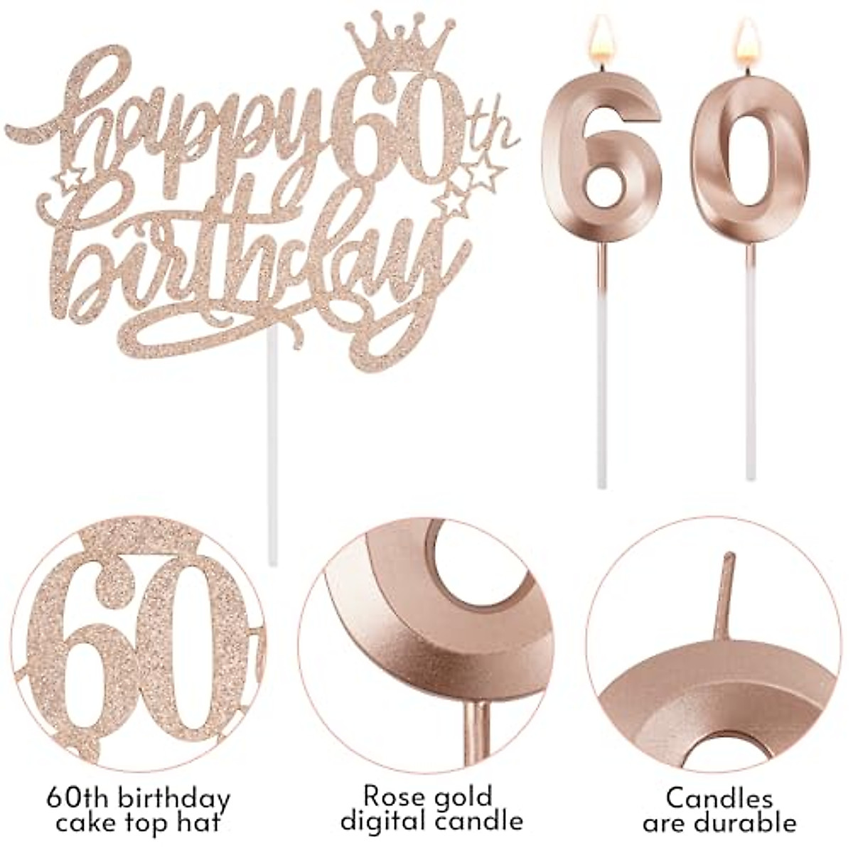 60th Birthday Decorations, Birthday Crown Set Includes Rose Gold Shoulder Strap, Cake Insert Plaque, 60th Font Candle, Kraft Greeting Card, and Simulated Roses Perfect for Women/Girls Birthday Party!