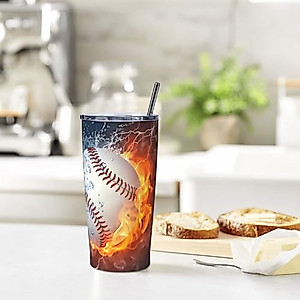 IYERSKD 3D Print Baseball White Ball in Fire and Water 20 oz Stainless Steel Tumbler Vacuum Insulated Leakproof Travel Mug for Car Office Gym
