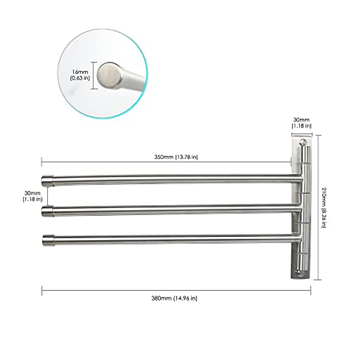 Swivel Towel Rack Wall Mounted Rotates Towel Bar SUS304 Stainless Steel 3-Arms Towel Swing Hanger Space Saving Storage Organizer Towel Holder for Bathroom, Kitchen,Brushed Finish