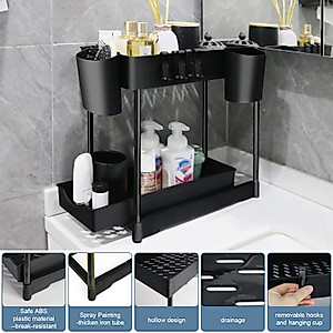 2 Pack Under Sink Organizers and Storage with Sliding Drawer, Multi-Purpose 2 Tier Under Sink Storage Rack Basket for Bathroom Kitchen Cabinet Counter with 4 Hanging Cups and 8 Hooks (Pull Out, Black)