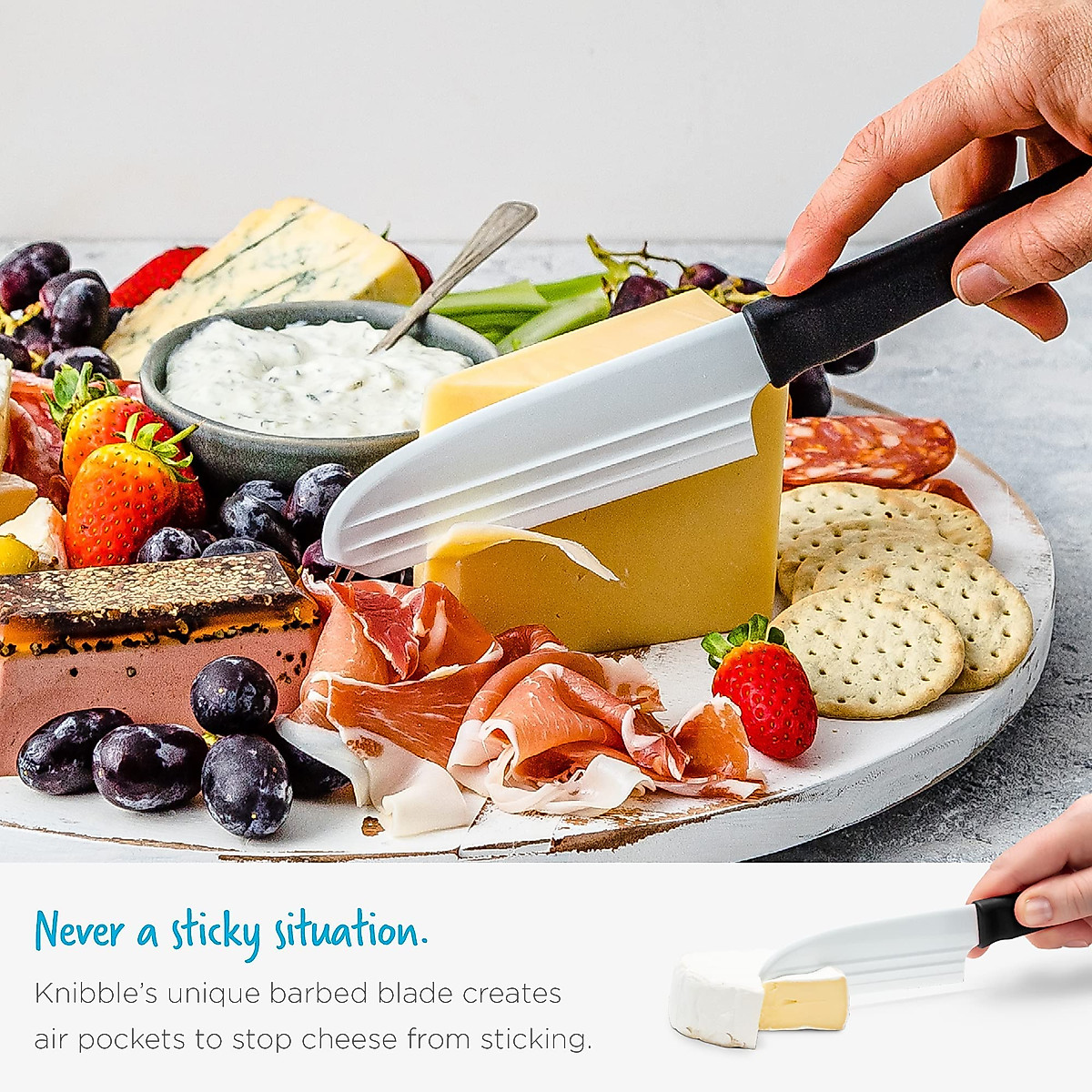 Dreamfarm Knibble Lite | Non-Stick Cheese Knife with Stainless Steel Forks | Multi-Functional Kitchen Knife with Unique Ridged Blade | Perfect for Slicing, Spreading and Serving | Yellow