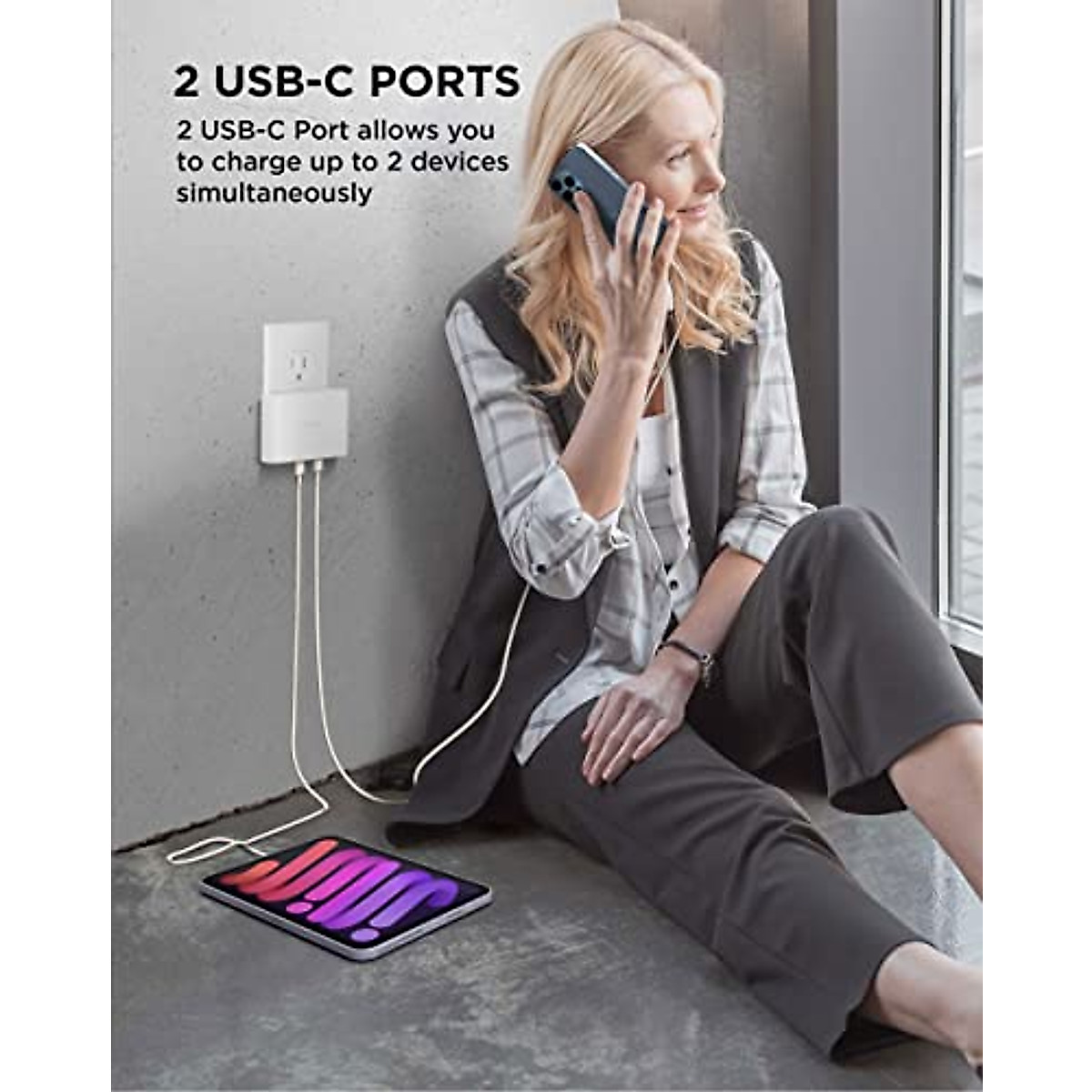iHome Multiport USB-C Charger : AC Pro 2-Port Flat USB C Charger Block, Double USB C Wall Charger, Fast Charging Compatible USB-C Wall Charger (White)