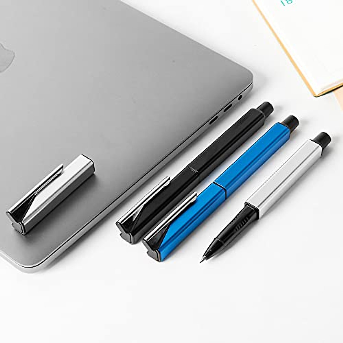 WELLDO Ballpoint Pen Black Square Gel Pens Metal Barrel with Anti-skid Clip, Fine Point 0.5mm EDC Pocket Pen for Office School Writing Studying