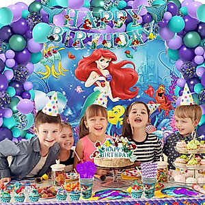 260 PCS Little Mermaid Birthday Party Supplies, Mermaid Birthday Party Decorations, Included Happy Birthday Banner, Cake & Cupcake Topper, Balloons, Invitation Cards,Backdrop, Tableware and Stickers