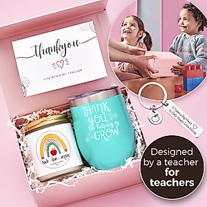 Little Mindings End of Year Teacher Gifts | Teachers Appreciation Gift Sets | Teacher Gift Set for Women: 12oz Tumbler, Thank You Candle, Keychain, Thank You Teacher Card