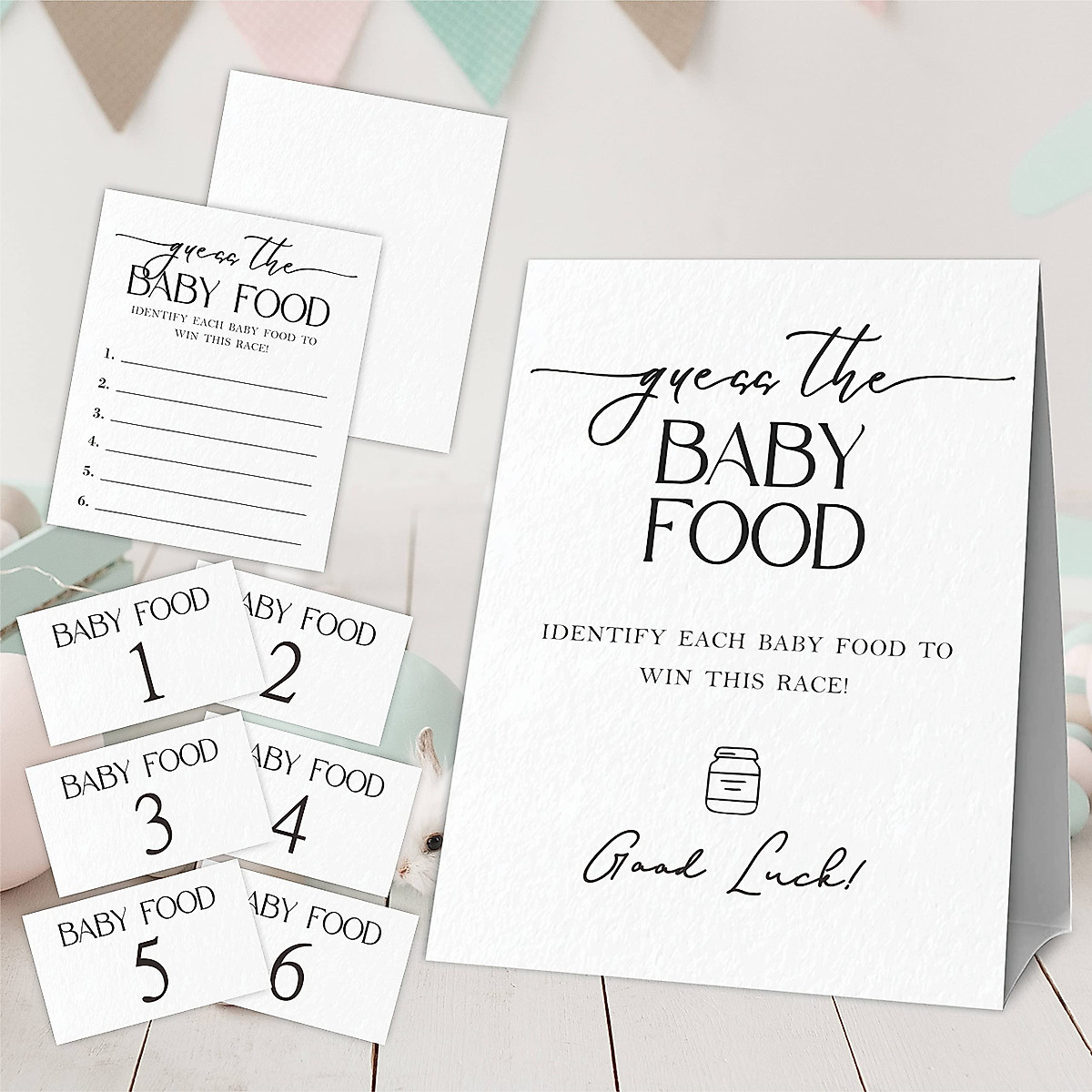 Baby Shower Game Set - Guess The Baby Food - Minimalism Classic (1 Standing Sign + 6 Number Cards + 20 Answer Cards), Gender Reveal, Baby Announcement - SWLK-A10
