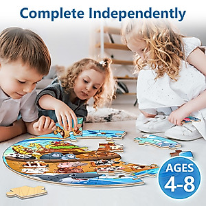 iPlay, iLearn Toddlers Noah's-Ark Wooden Animal Puzzles, Kids Floor Puzzles for Ages 3-5, 4-8, Large 51 Pieces Round Jigsaw Puzzle Educational Toys, Birthday Gift for 6 7 Years Old Boys Girls Children