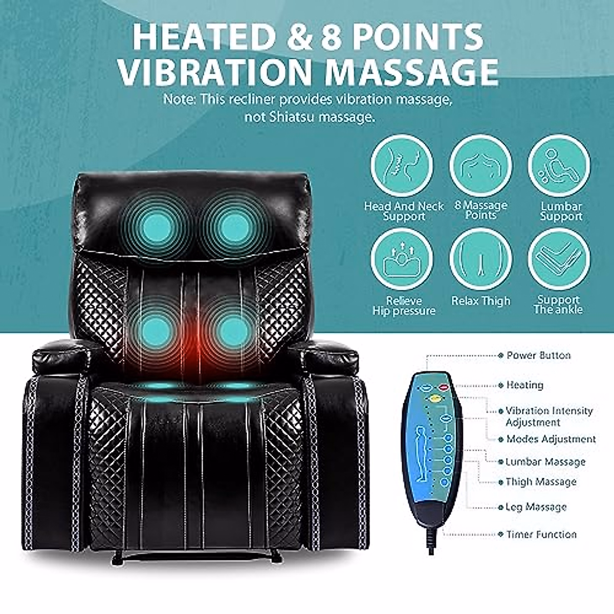 HOMYEDAMIC Recliner Chair Set of 2 with Massage Heated, Home Leather Movie Theater Seating Big High Loveseat Two Double Recliner Chair Sofa with USB Ports Cup Holders (9041-BLACK-2)