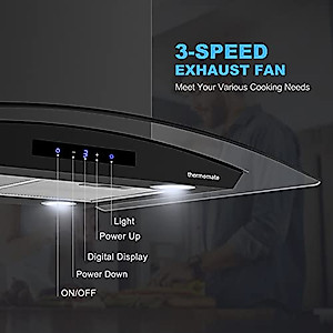30 Inch Island Range Hood, thermomate 350 CFM Black Stainless Steel Stove Vent Hood with 4 LED Lights, 3 Speed Exhaust Fan with Touch Control, Ducted/Ductless Convertible, ETL Certified