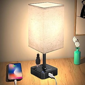 COZOO USB Bedside Dimmable Table Desk Lamp with 2 USB Charging Ports 2 Outlets Power Strip,Black Charger Base Flaxen Fabric Shade, LED Light for Bedroom/Nightstand/Living Room/Dorm/Home Office/College