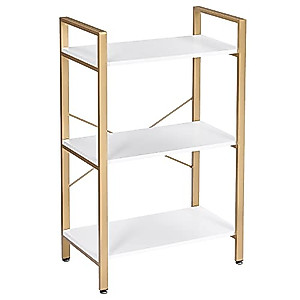 BEWISHOME 3 Tier Bookshelf Open Organizer, White Small Bookshelf for Small Spaces, Modern Wooden Storage Bookcase with Gold Metal Frame for Bedroom Living Room and Home Office JCJ42M