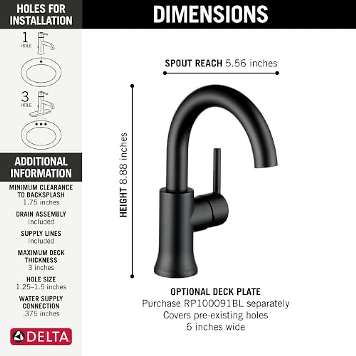 Delta Faucet Trinsic Single Hole Swivel Spout Bathroom Faucet, Black Bathroom Sink Faucet, Single Handle Bathroom Faucet, Diamond Seal Technology, Drain Assembly, Matte Black 559HA-BL-DST