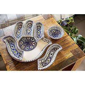 KAMSAH Plate Set & Serving Platter, Custom Hand-Painted Ceramic Appetizer Tray Serving Dishes for Celebrations, Parties and Events (Hand - Large, Bohemian Blue)