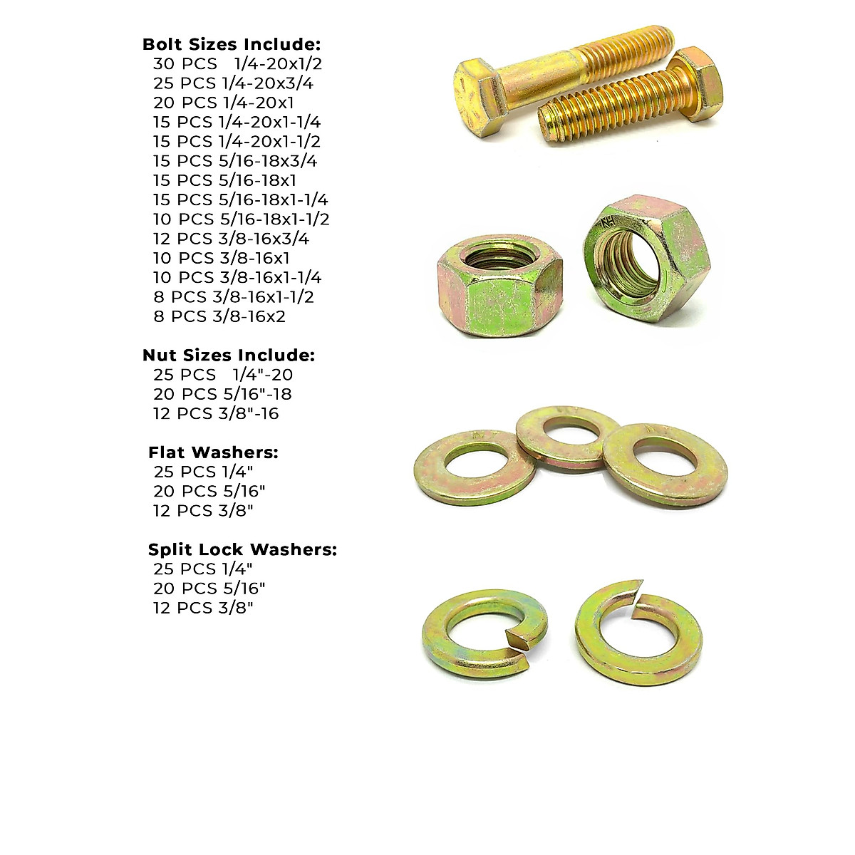 Grade 8 Hex Cap Bolts Screws, Nuts, Washers, Lock Washers Assortment Kit - 380 Pieces!