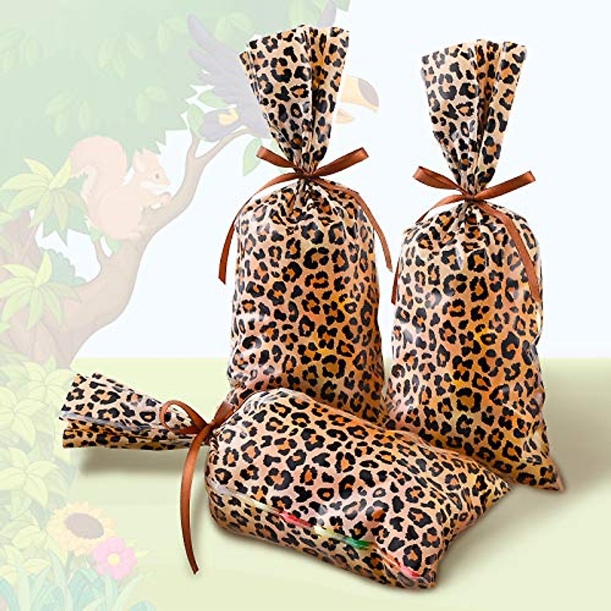 100 Pieces Leopard Print Treat Bags Leopard Candy Bags Easy to Seal Animal Print Cellophane Cookie Bags with 1 Roll Brown Fabric Ribbon for Zoo or Jungle Party Supplies