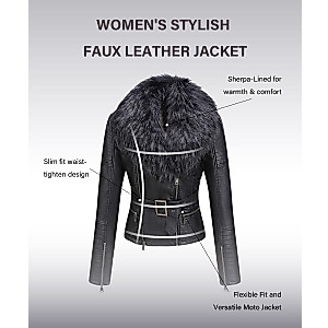 Bellivera Women's Faux Leather Short Jacket Moto Sherpa-Lined Belt Coat with Removable Fur Collar 9203 Black M