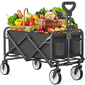 Collapsible Folding Wagon, Utility Wagon, Beach Wagon Cart,Foldable Grocery with Side Pocket, Large Capacity Heavy Duty Portable Wagon for Camping, Sports, Shopping, Garden and Beach
