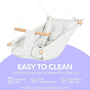 CaTeam - Canvas Kids Swing, Wooden Hanging Swing Seat Chair with Safety Belt, Durable Toddler Swing Chair, Outdoor and Indoor Swing for Kids, Mounting Hardware Included, Ivory
