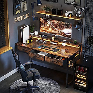 ODK 55 inch Computer Desk with Drawers, Home Office Desk with Adjustable Monitor Stand, Modern Work Study Writing Table Desk, Vintage