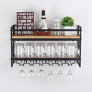OISSIO Industrial Stemware Rack Wall Mounted,Wine Rack with Wood Shelves,2 Tier Stemware Storage with 6 Stem Glass Holder for Wine Glasses,Mugs,Home Decor,Black(24 inch)