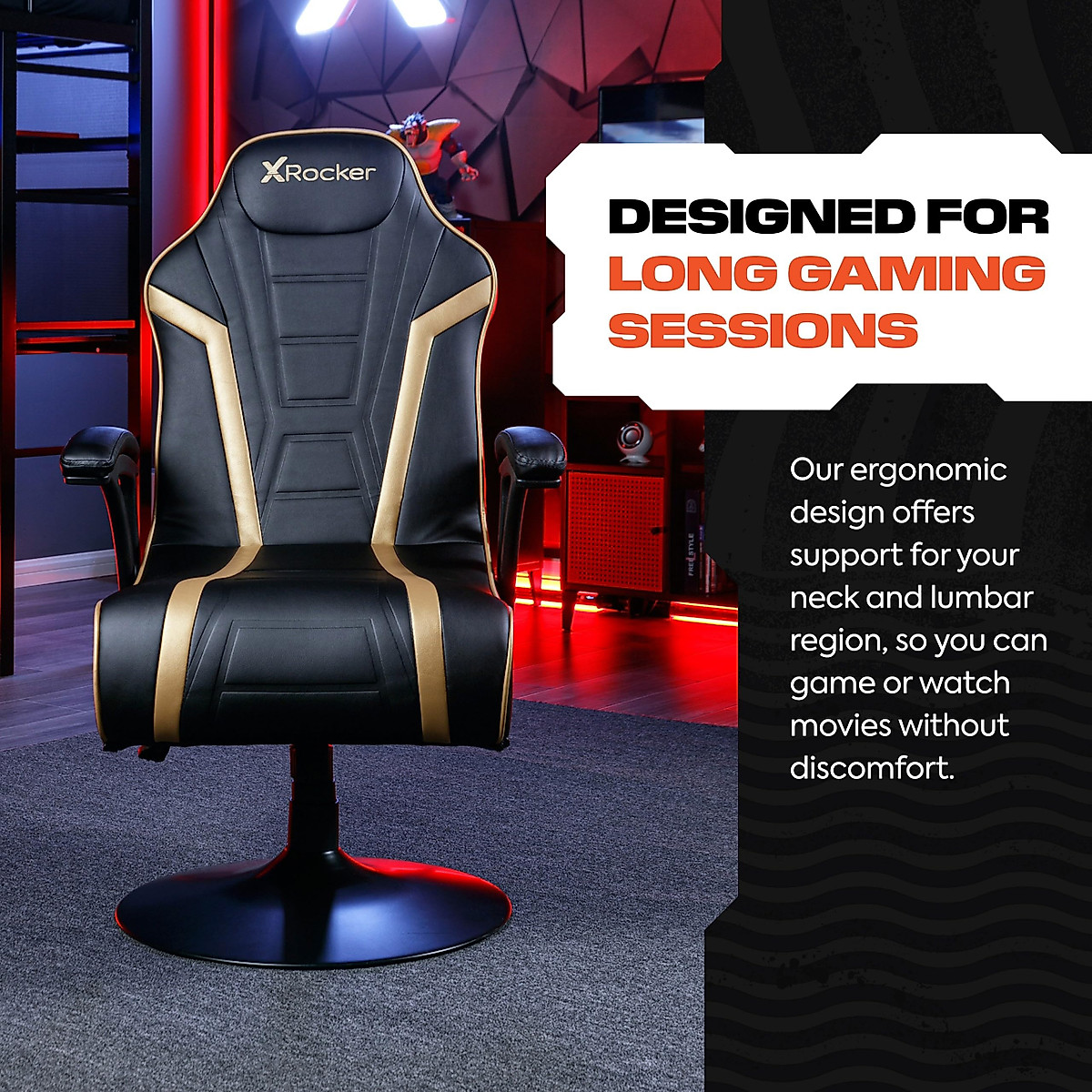 X Rocker Trident Pedestal Video Gaming Chair, Wireless Audio, Backrest Mounted Subwoofer, Padded Armrest, Amazon Exclusive, Black and Gold