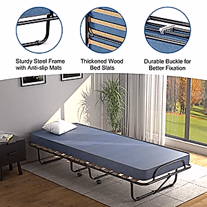 Giantex Folding Bed with Mattress for Adults, Rollaway Guest Beds w/Memory Foam Mattress & Metal Frame, Made in Italy, Cot Size Rollaway Bed, Portable Foldable Sleeper Bed for Home, 75" x 32" (Blue)