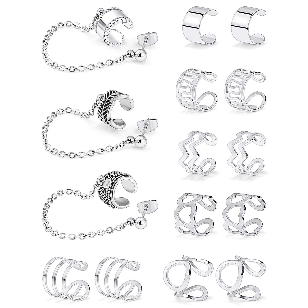 SCERRING Ear Cuff Fake Lip Helix Cartilage Clip On Wrap Earrings Non Piercing Earring Jewelry Set For Women Stainless Steel 15PCS Silver