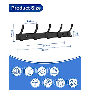 DECLUTTR 2 Pack Coat Rack Wall Mount, 5 Heavy Duty Wall Hooks for Hanging, Metal Wall Mounted Towel Rack Hat Rack for Mudroom Bathroom Entryway, Black
