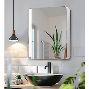 Avidanza Medicine Cabinets with Mirror for Bathroom, 24 Inch Surface Wall Mounted Bathroom Mirror with Storage, Stainless Steel Framed Beveled Mirror, with Double Door and 3 Tier, Grey