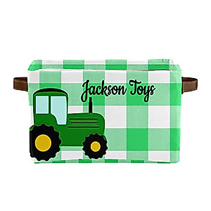 Tractor Green Checkers Personalized Large Storage Box for Toy,Bathroom,Nursery,Home Kitchen Shelves,Custom Closet Decorative Storage Bins 4 Pack