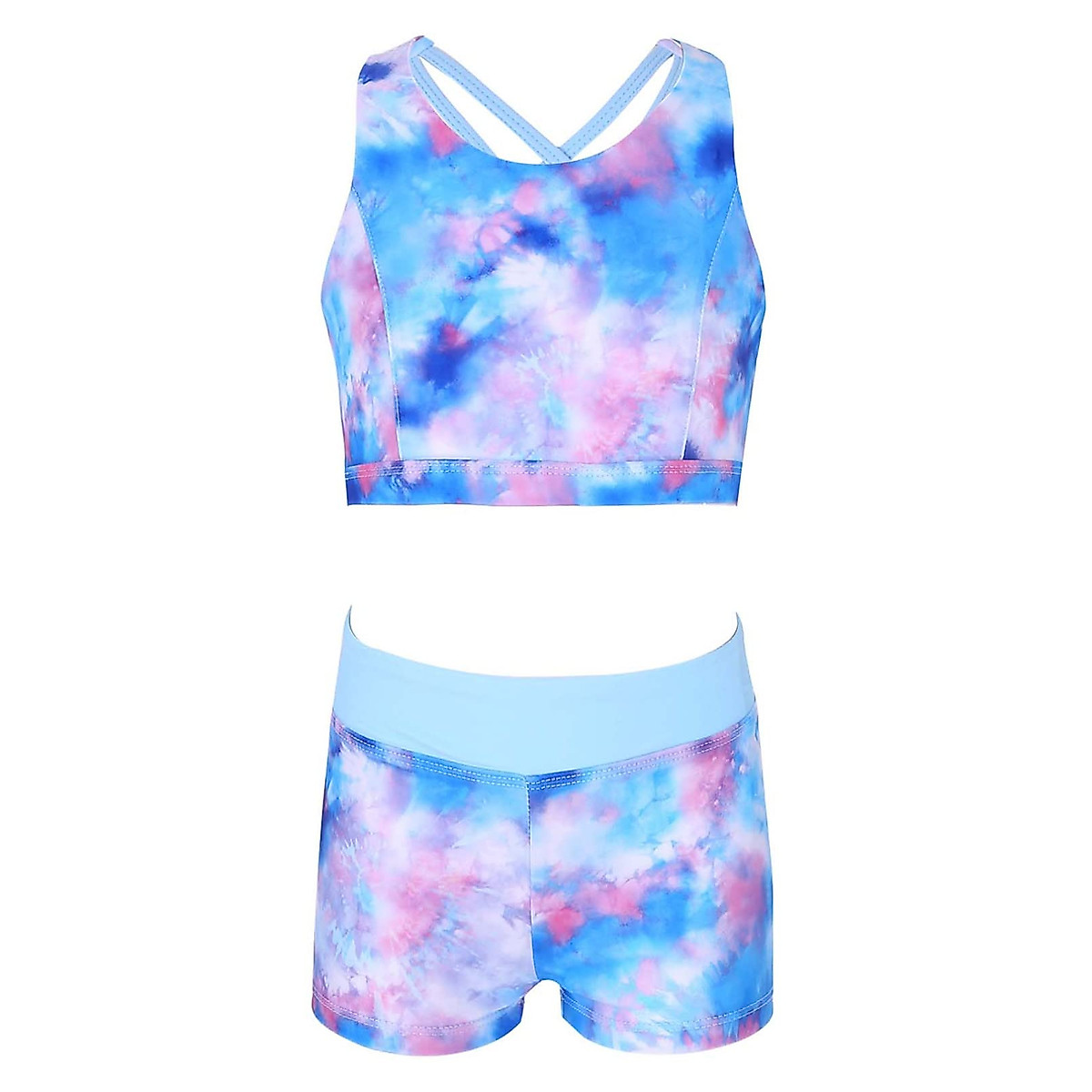 Moily Girls Gymnastics/Dance/Sports Two Piece Outfit Criss Cross Back Crop Top with Booty Shorts Swimwear azure 5-6