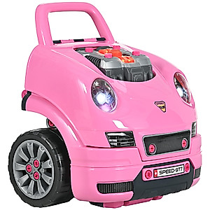 Qaba Kids Truck Engine Toy, Kids Mechanic Car Repair Set, Engine Disassembly Play Workshop, Includes 61 Pieces, Steering Wheel, Horn, Light for 3-5 Years Old, Red