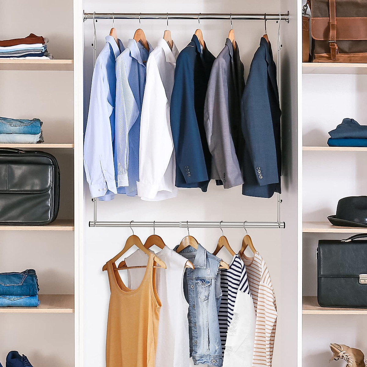 STARTOSTAR Closet Hanging Rod, Width and Height Adjustable Closet Extender Hanging Rod, Closet Hanging Organizer, Stainless Steel Double Closet Rod, Space-Saving Clothes Hanging Bar -1 Pack