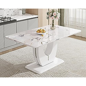 LKTART 63'' Dining Table Faux Marble White Desktop for Kitchen Dining Living Room