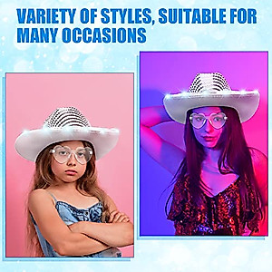 Zhanmai 6 Set LED Cowboy Hat Light Up Glitter Cowboy Hat with Sunglasses Sequin Space Cowgirl Hat for Women Men Costume Accessories (Gray)