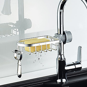 DBlosp Sponge Holder Faucet Kitchen Sink Organizer,Sink Sponge Holder,Aluminium Detachable Storage Rack for Kitchen Sinks and Bathroom Organization Silver