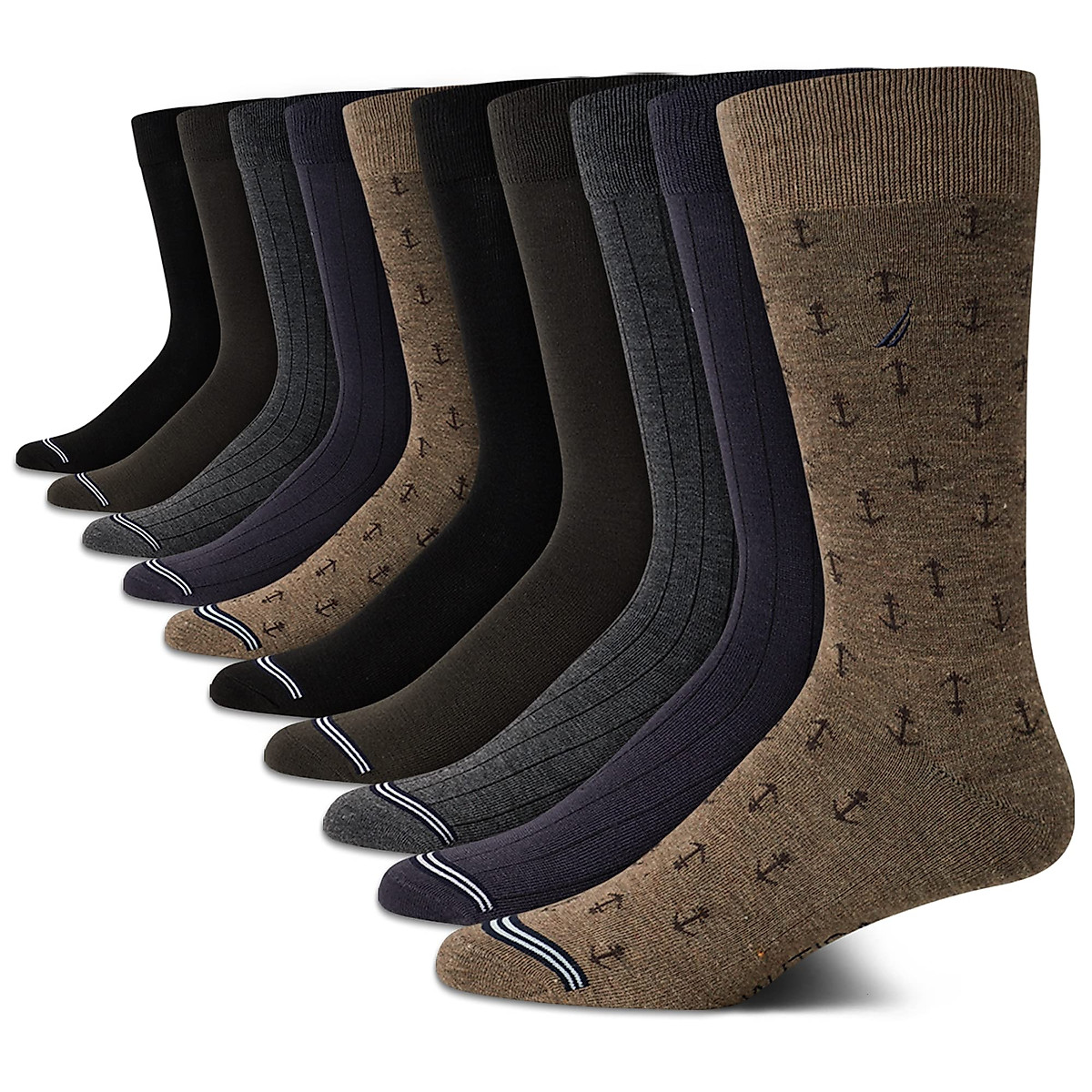 Nautica Men's Dress Socks - Solid Crew Socks (10 Pack), Size 6-12.5, Khaki/Navy/Black