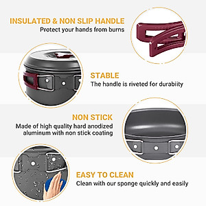 Bulin Camping Cookware Mess Kit, Nonstick Backpacking Cooking Set, Outdoor Cook Gear for Family Hiking, Picnic| Lightweight Cookware Sets(Kettle, Pots, Frying Pan, BPA-Free Bowls, Plates, Spoon)