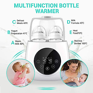 EIVOTOR 6 in 1 Baby Bottle Warmer, Double Bottle Steam Sterilizer Food Heater for Evenly Warm Breast Milk or Formula, LED Panel Control Real-time Display, BPA Free