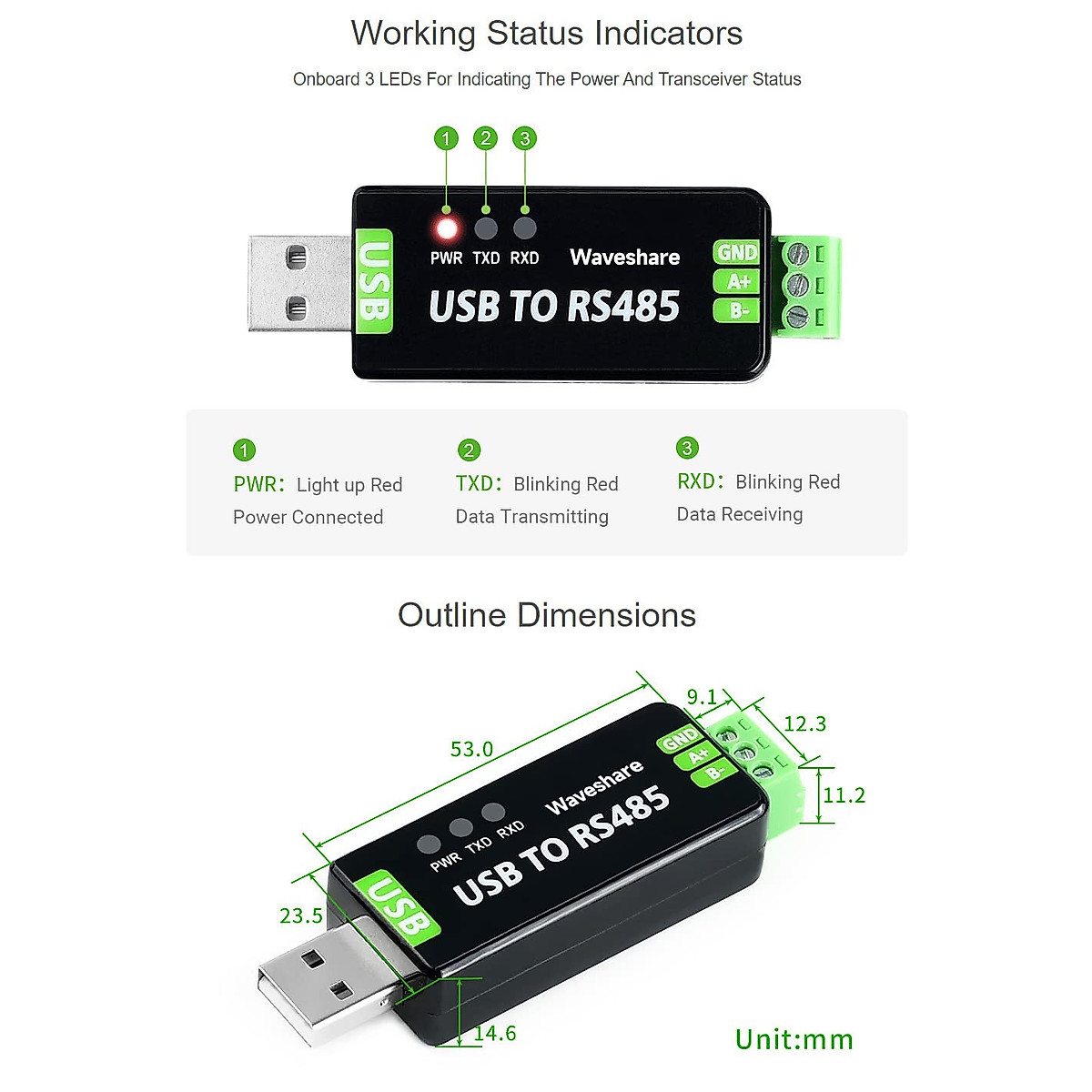 2PCS Waveshare Industrial USB to RS485 Converter with Original FT232RL and SP485EEN Embedded Protection Circuits for Industrial Control Equipments and/or Applications