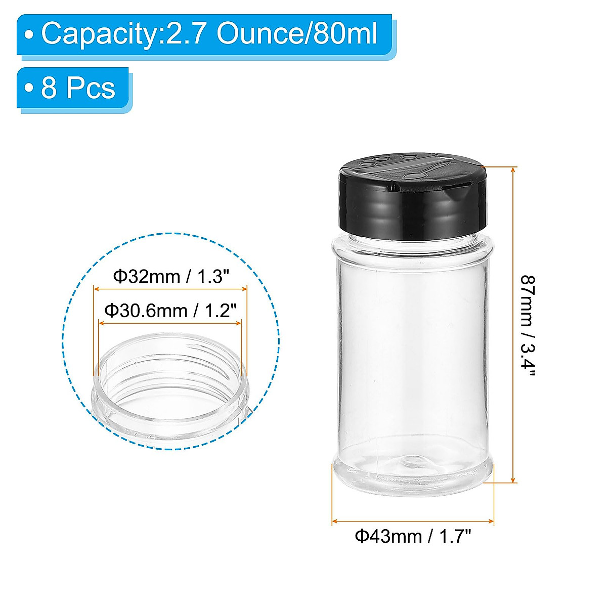 PATIKIL 2.7oz Plastic Spice Jars with Shaker Lids, 8 Pcs Refillable Empty Seasoning Containers Bottle with Black Cap for Storing Spice Salt Herbs Seasoning Powders Condiment, Clear