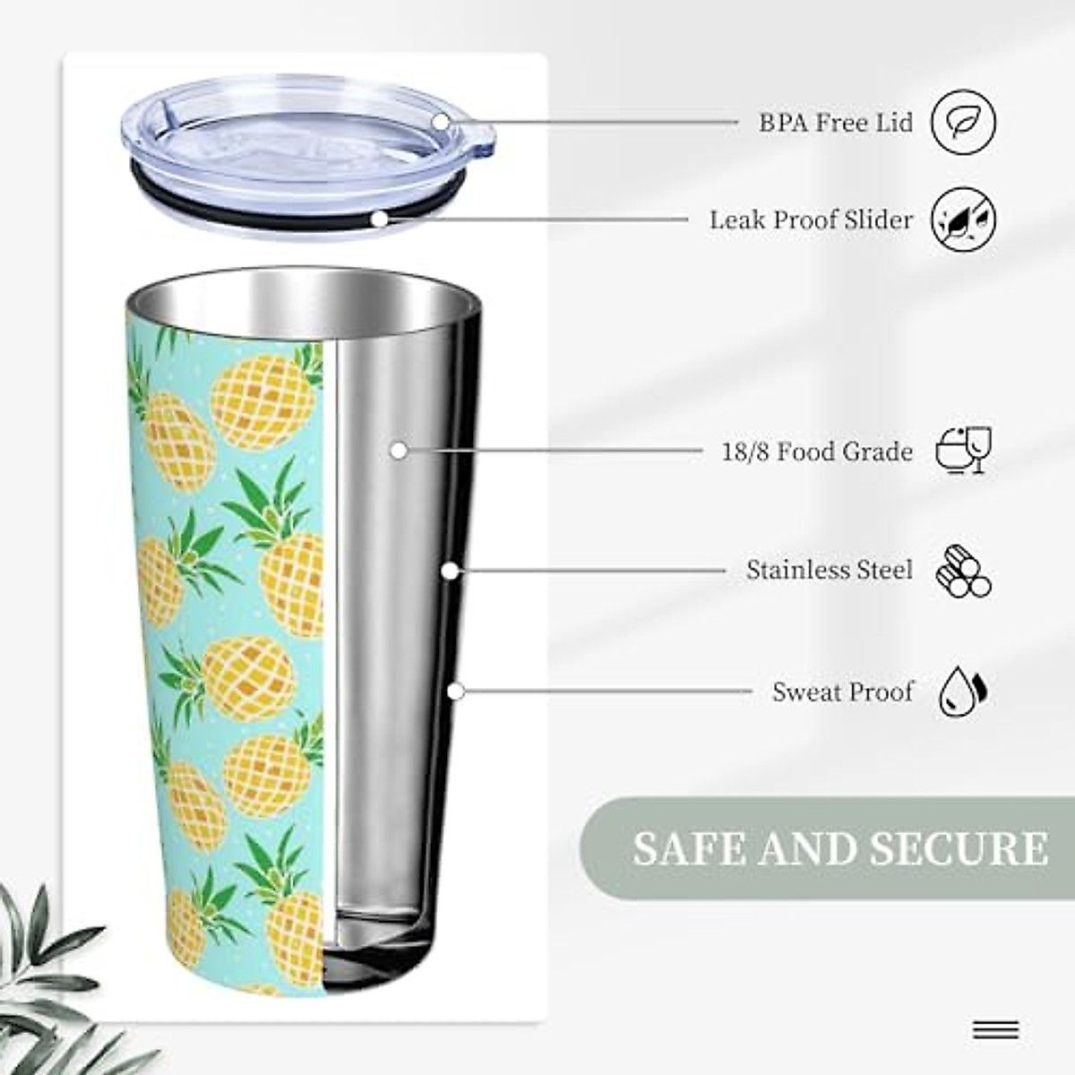 20oz Tumbler Luscious Pineapple Print Double Wall Vacuum Insulated Coffee Mug with Lid and Metal Straw Brush Reusable Stainless Steel Water Bottle Travel Cup Gifts for Car Ice Drinks Hot Beverage
